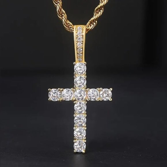 Accessories | Mens 2ct Diamond 14k Gold Cross Necklace 2 24 Rope Chain ...